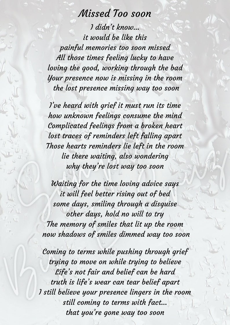 Missed Too Soon Printable Poem for Grief Bereavement Sadness Funeral ...
