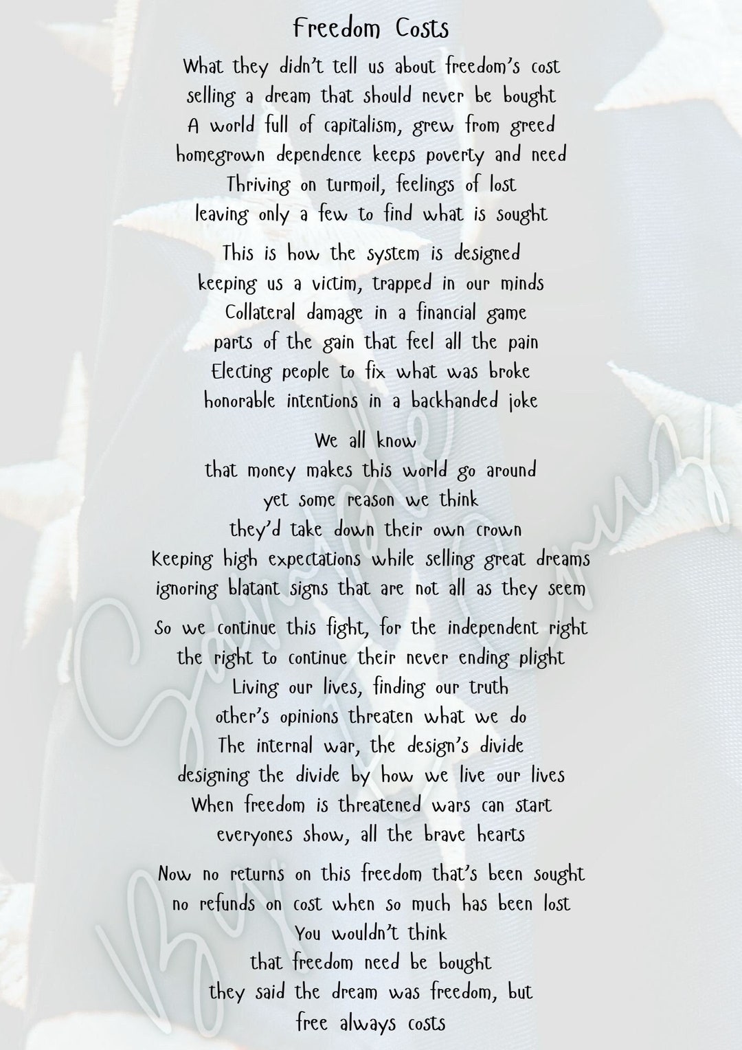 Freedom Costs Printable Poem Digital Download - Etsy