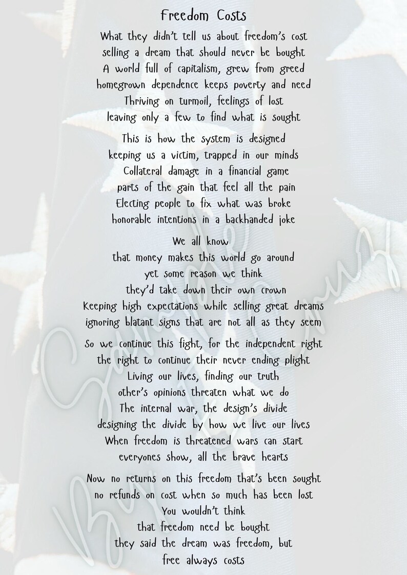 Freedom Costs Printable Poem Digital Download - Etsy