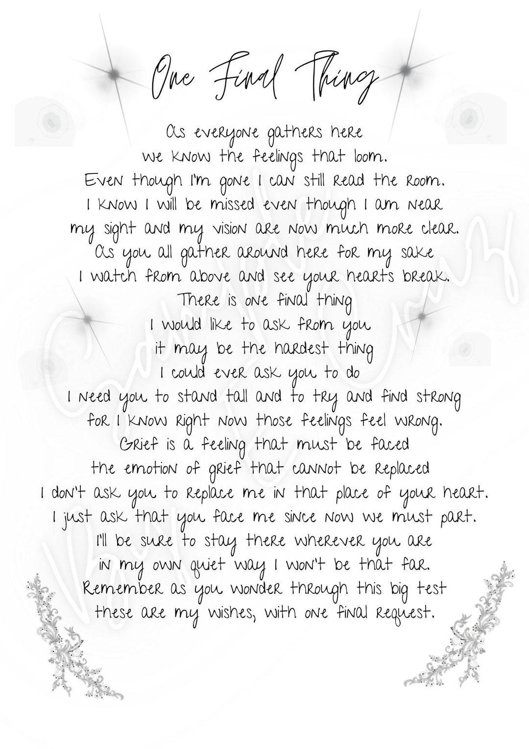 One Final Thing Grief Memorial Funeral Service Printable Poem **digital ...