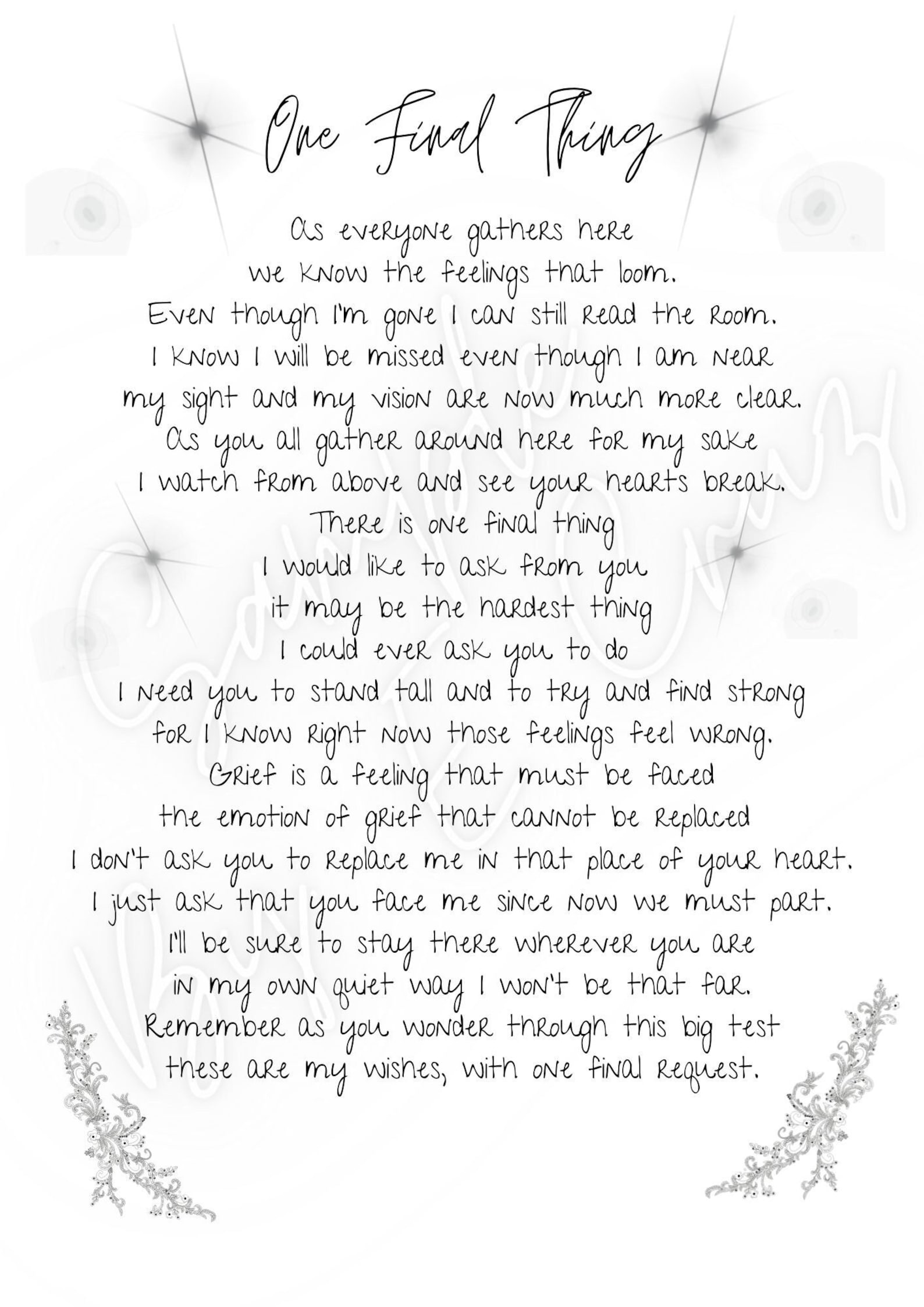 One Final Thing Grief Memorial Funeral Service Printable Poem **digital ...