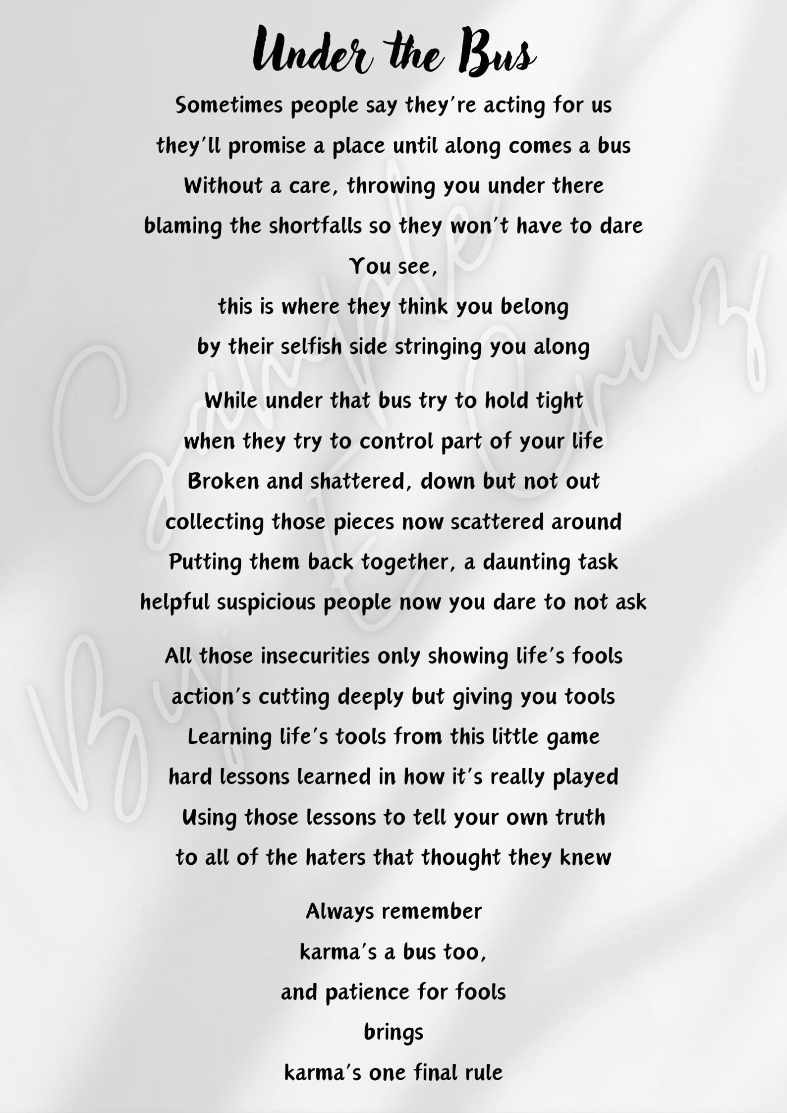 Under the Bus Betrayal Toxic Relationships Broken Trust Printable Poem ...