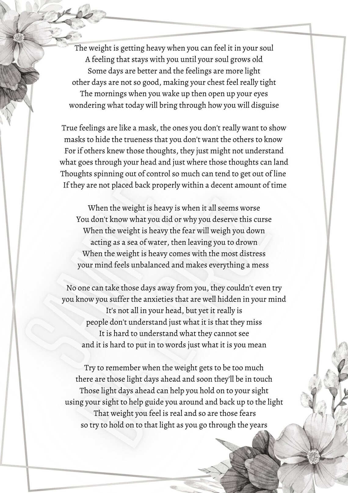 The Weight Anxiety Mental Health Depression Printable Poem **digital ...