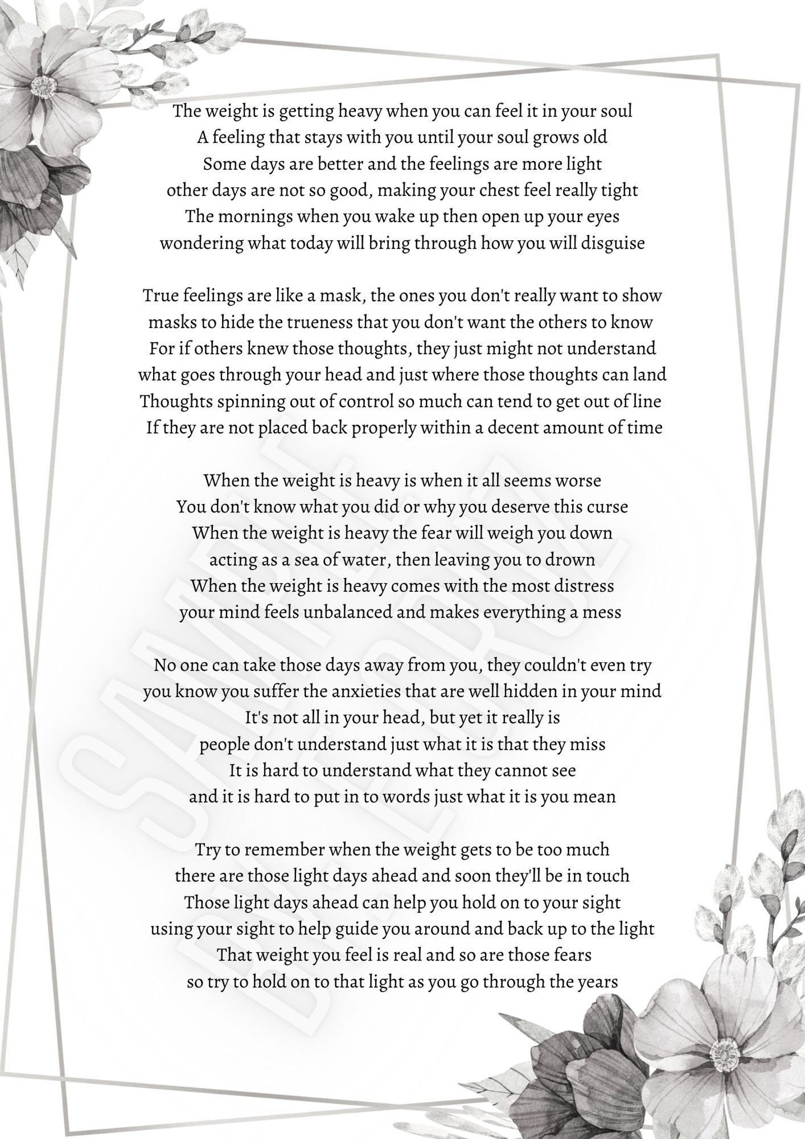 The Weight Anxiety Mental Health Depression Printable Poem **digital ...