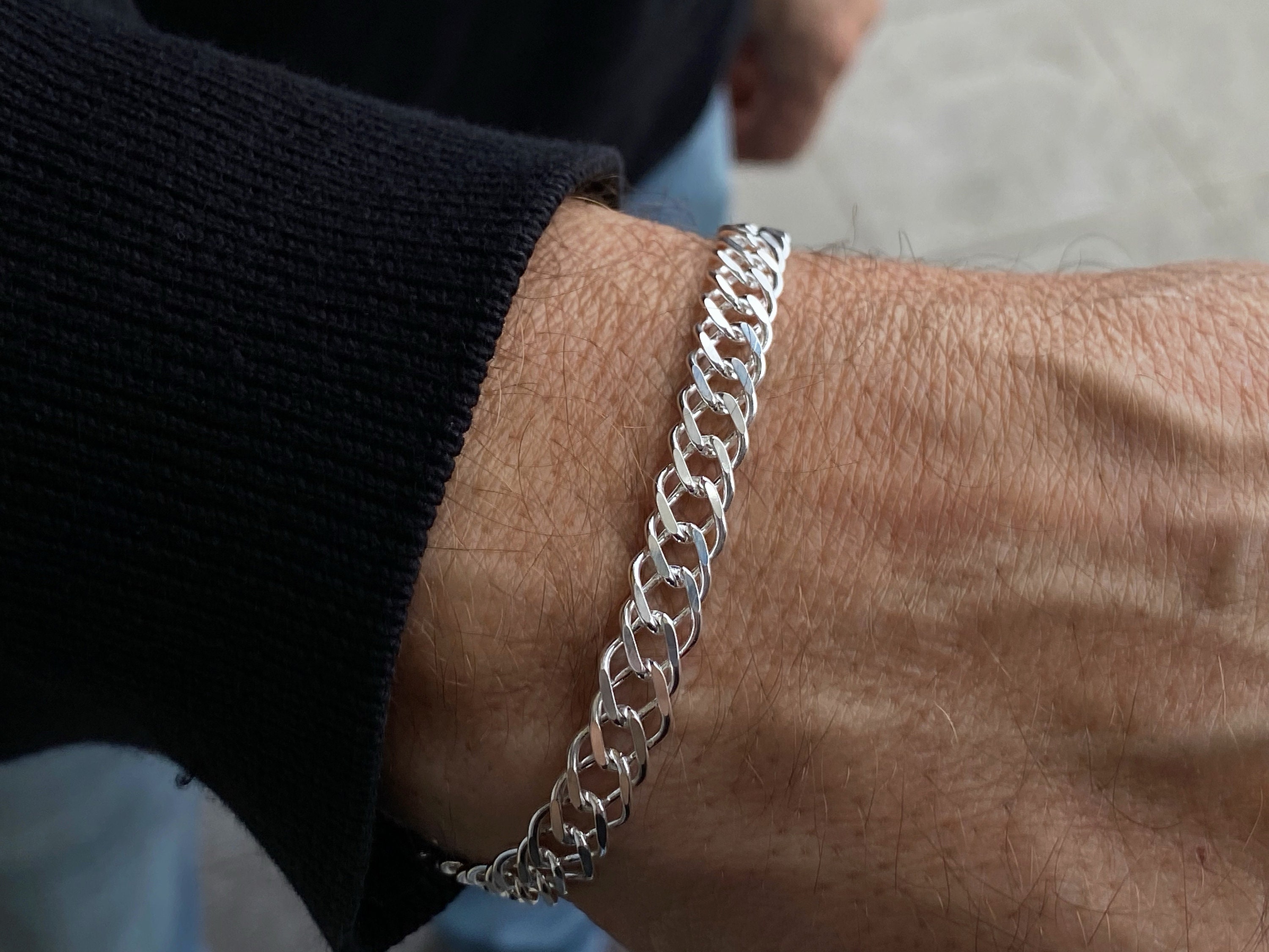 Men Bracelet, Sterling Silver Rambo Chain Bracelet, Double Curb Woven ...