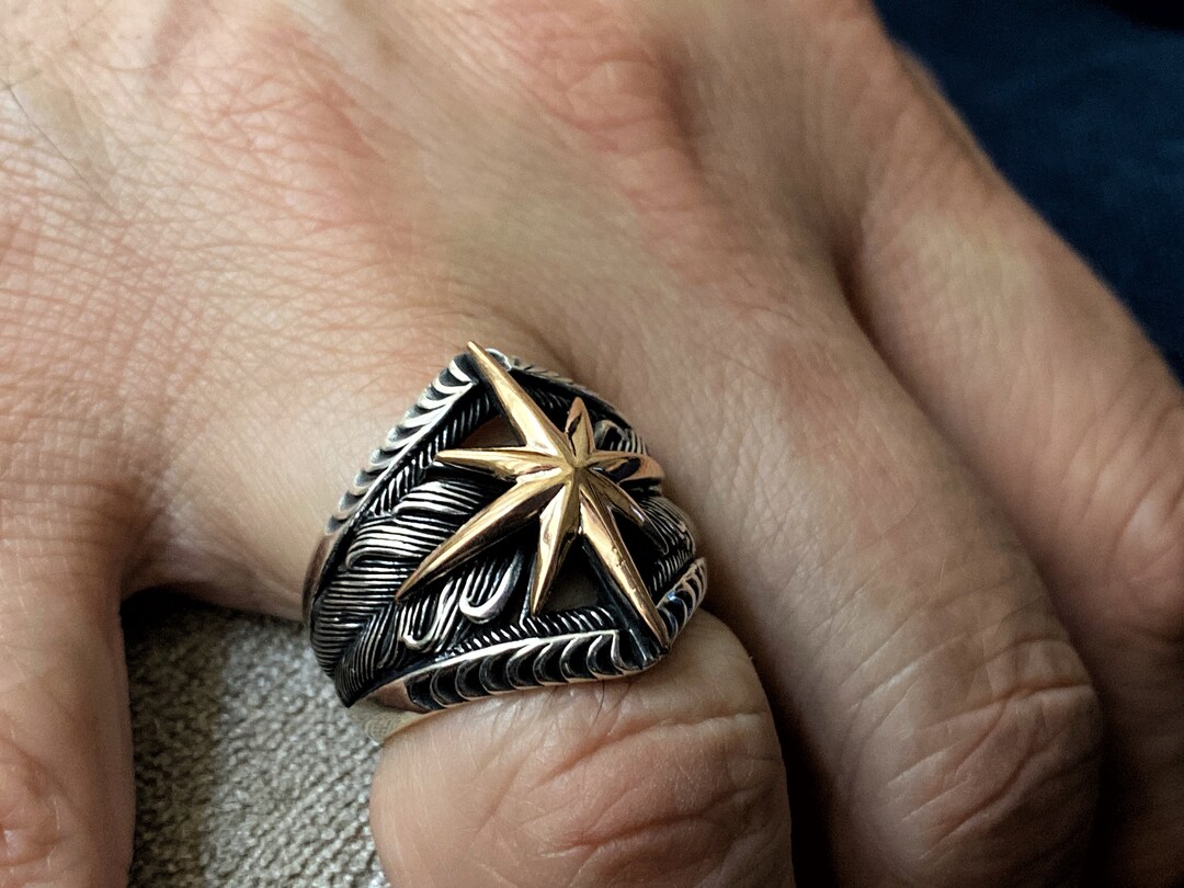 Silver Men Star Ring, Compass North Star Mens Ring, North Star Ring, Gold Detailed Star Ring ...