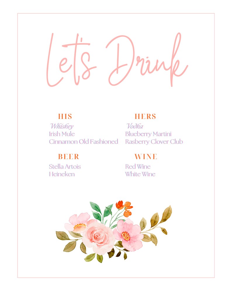 Pink Floral Drink Menu Template Instant Download Wedding - Etsy
