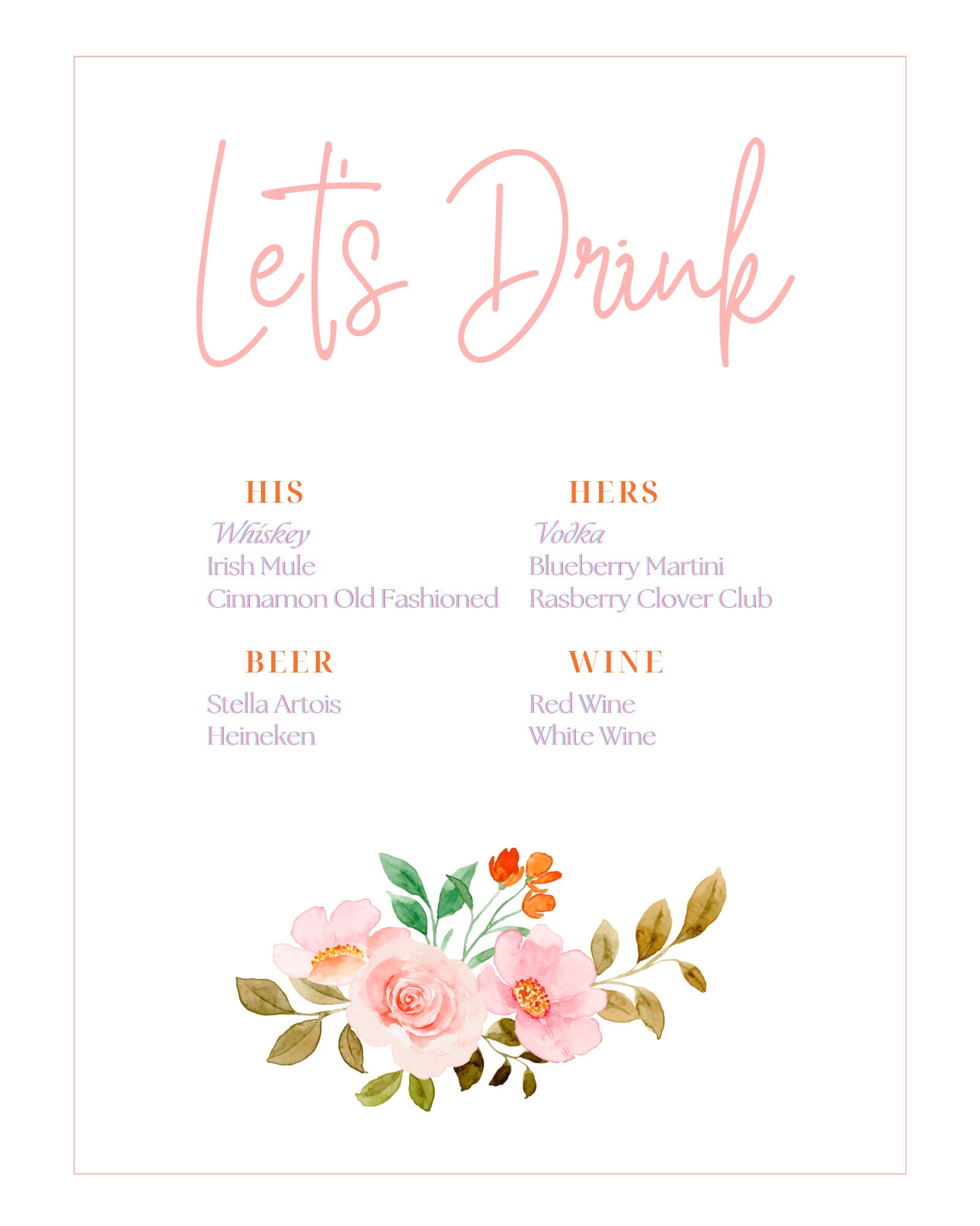 Pink Floral Drink Menu Template Instant Download Wedding - Etsy