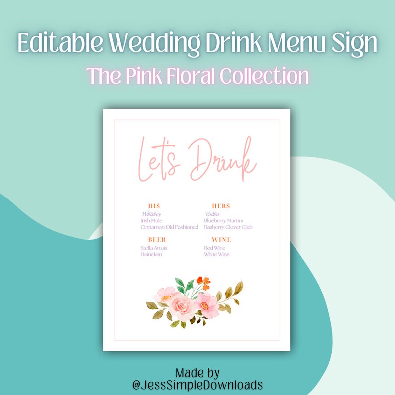 Pink Floral Wedding Signs Bundle, Ceremony Reception, Welcome Drinks ...
