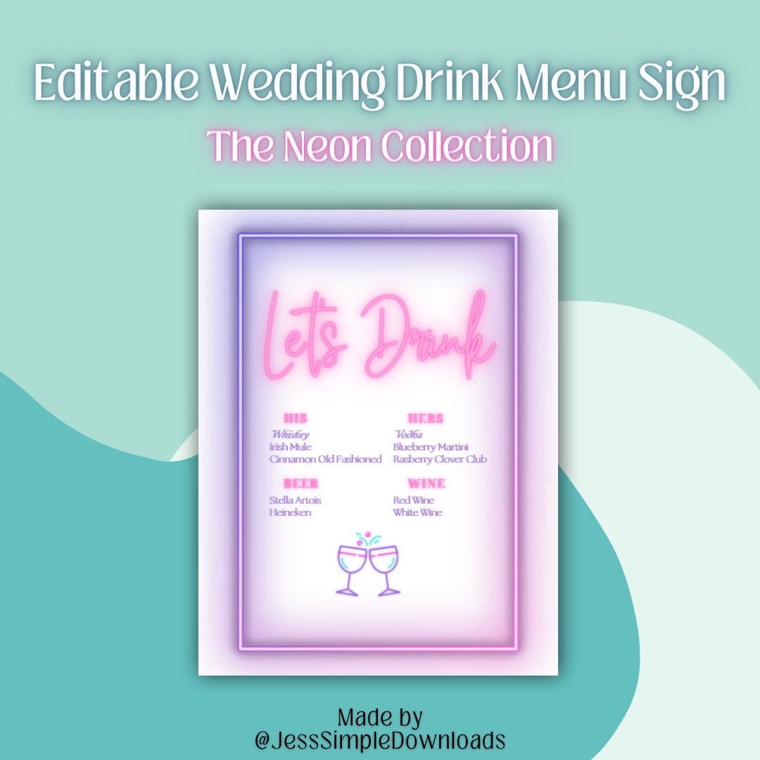 Neon Drink Menu Template - Instant Download Wedding Drink Menu, Self ...