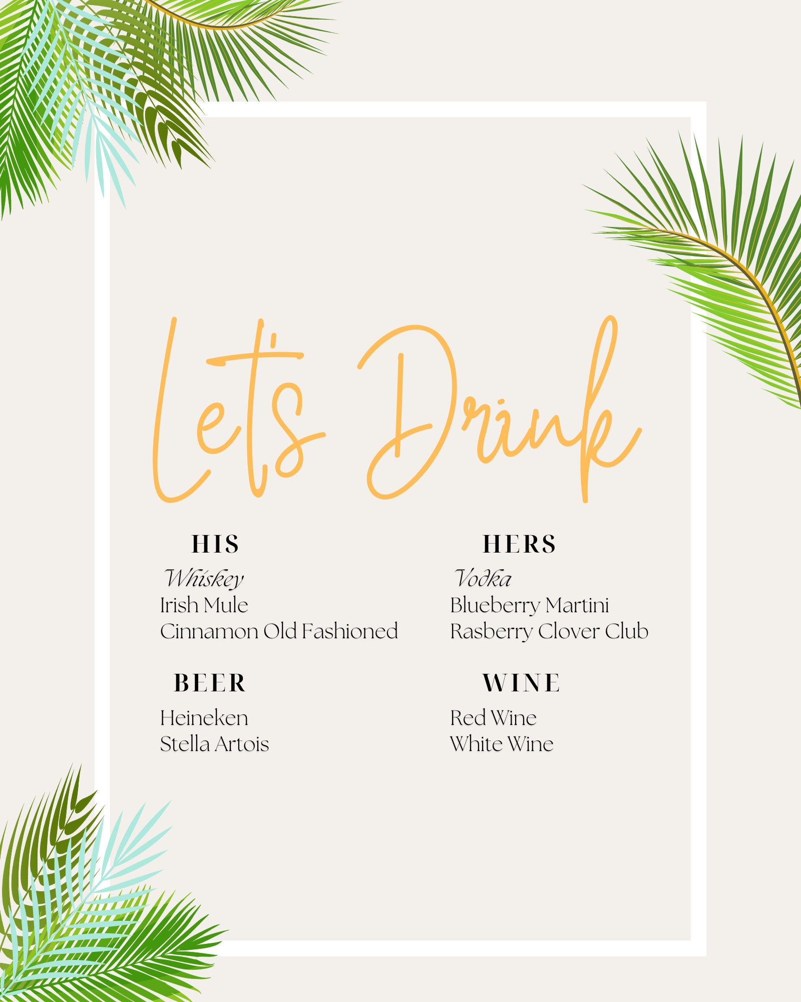 Tropical Drink Menu Template Instant Download Wedding Drink Etsy