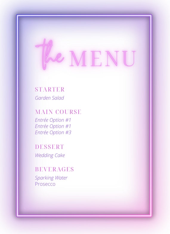 Neon Wedding Menu Template Instant Download Wedding Menu - Etsy