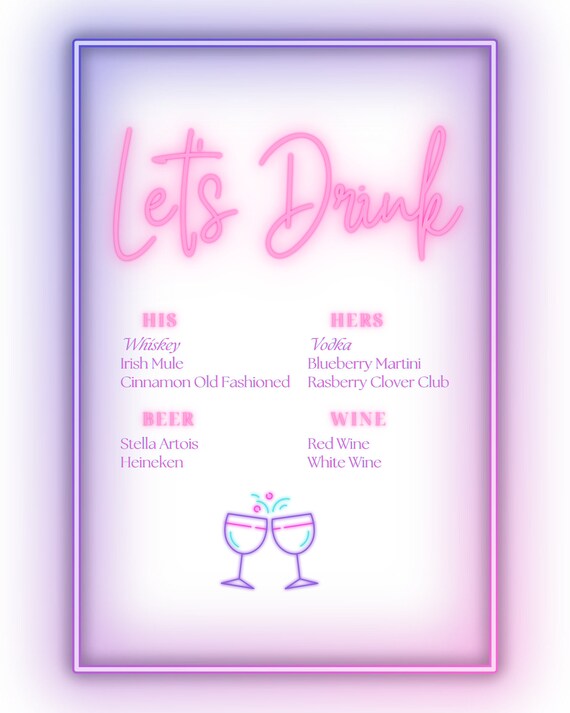 Neon Drink Menu Template Instant Download Wedding Drink - Etsy