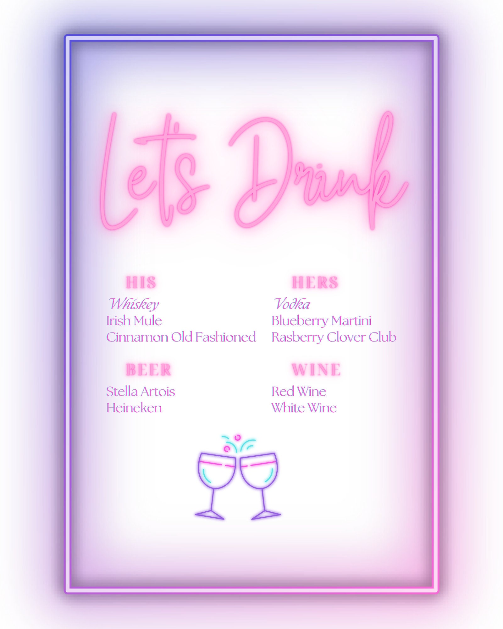 Neon Drink Menu Template Instant Download Wedding Drink Menu, Self ...