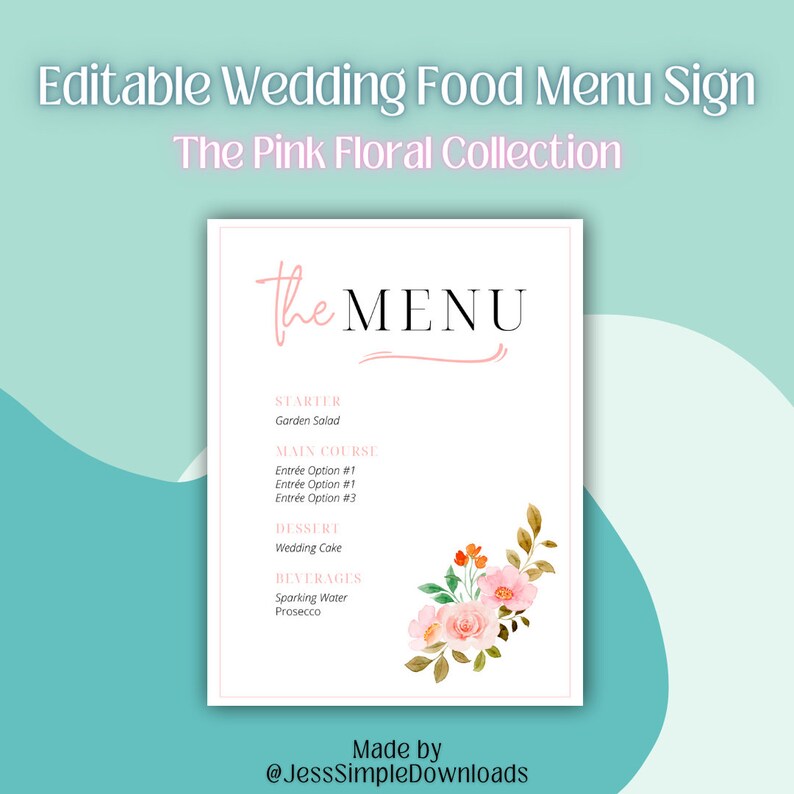 Pink Floral Wedding Menu Template - Instant Download Wedding Menu, Self ...