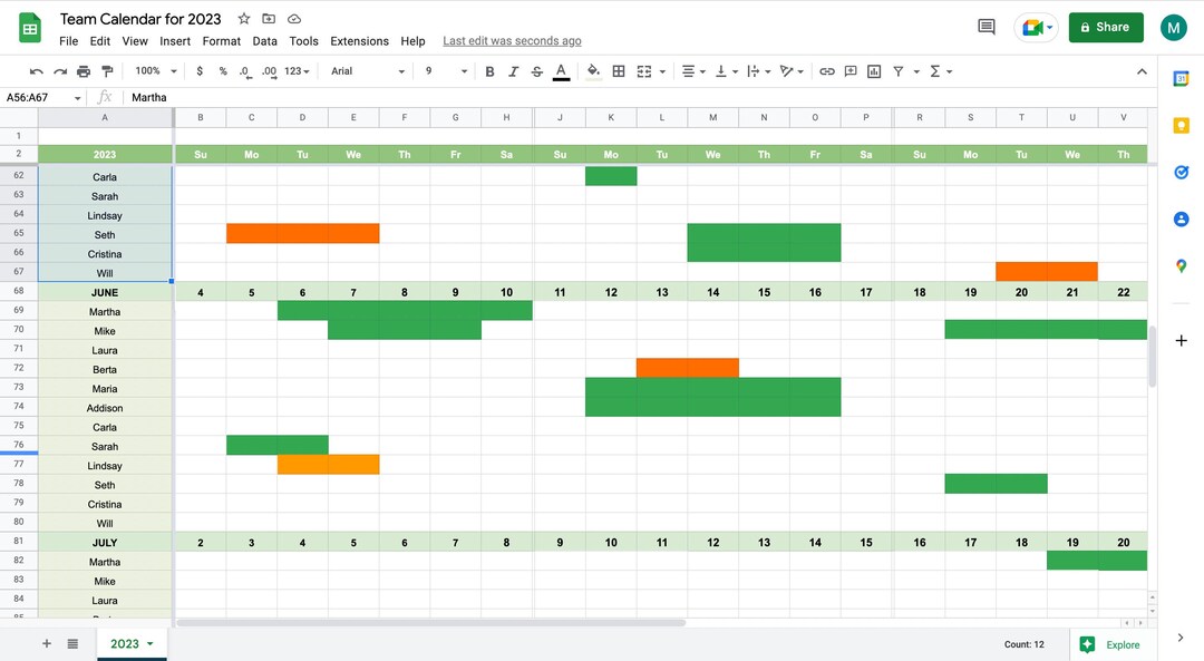 Team Work Calendar 2023 TEMPLATE Google Spreadsheet or Excel - Etsy