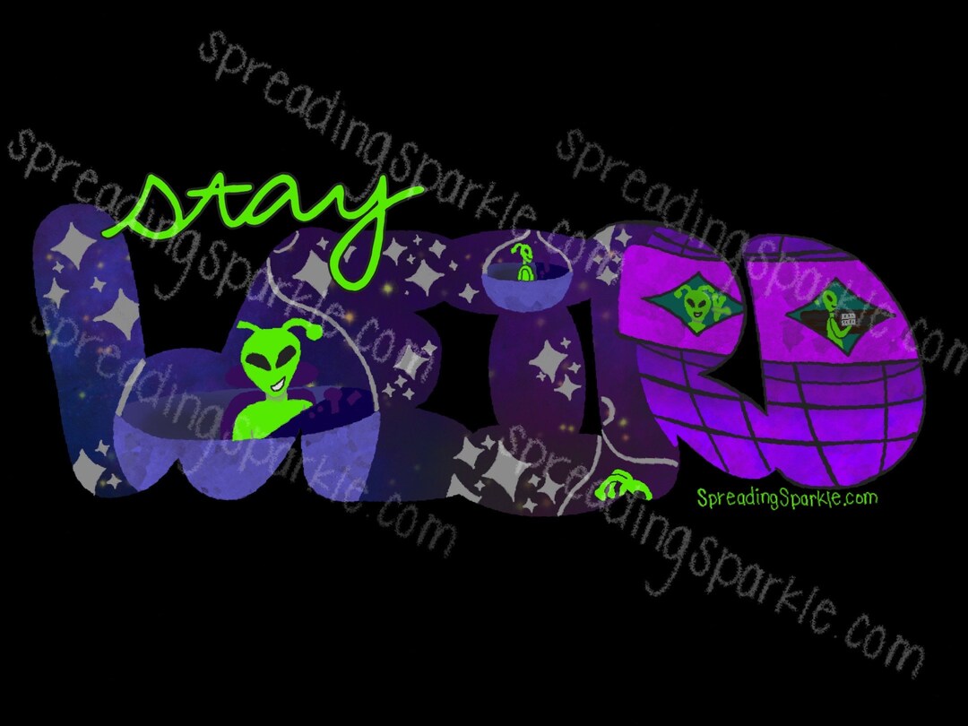 Bright Colorful Retro Alien Stay Weird Quote Cartoon Original Art ...