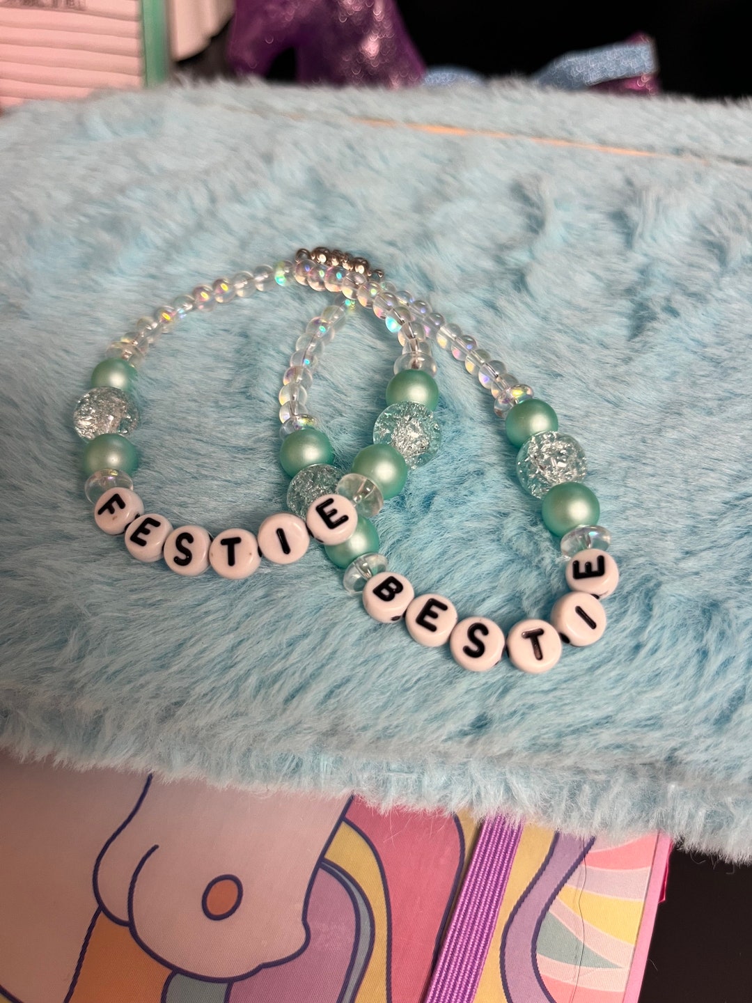 Teal Glass Bead Festie Bestie B2B Rave Bae Magnetic Kandi Bracelet Pair ...