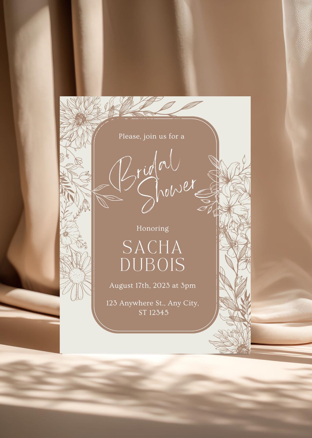 Brown & Beige Floral Bridal Shower Invitation | Elegant Boho Bridal ...