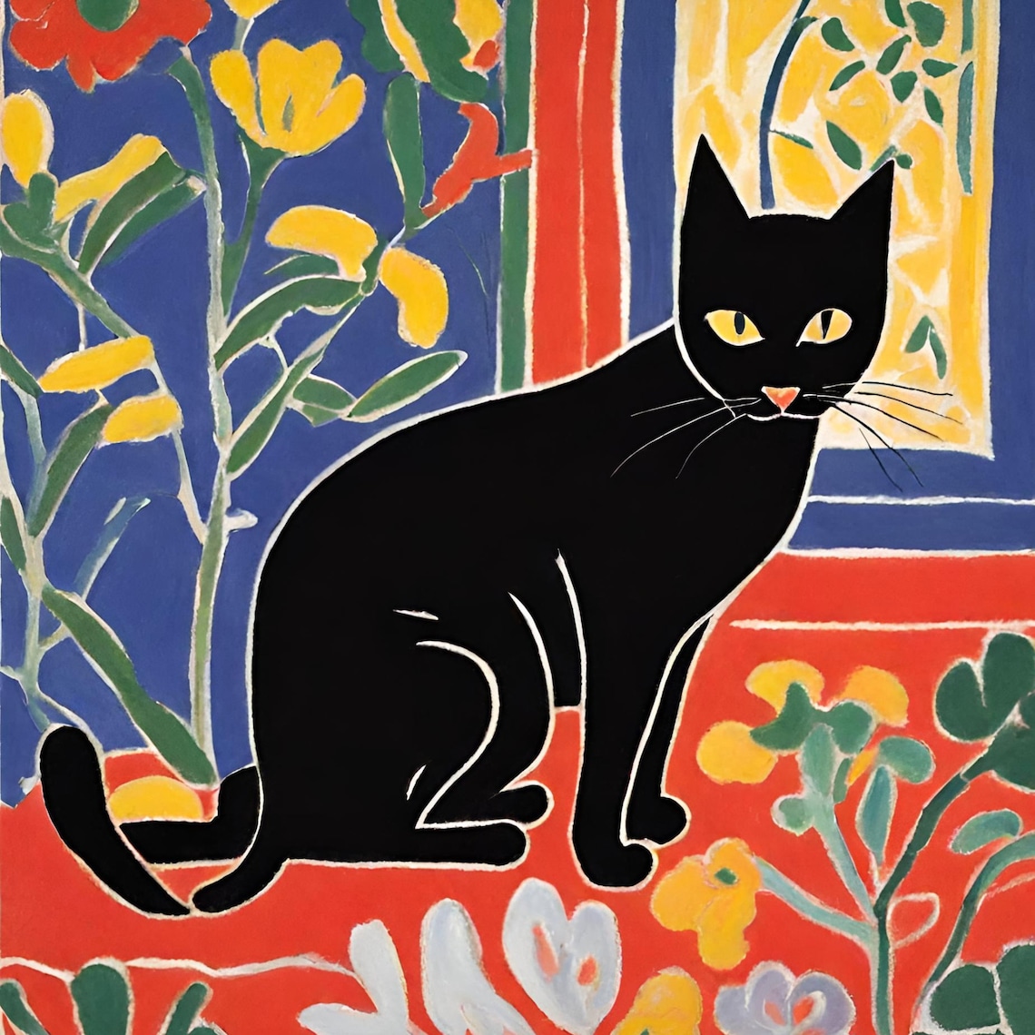 Black Cat Painting Matisse Style Floral Painting With Kitten - Etsy
