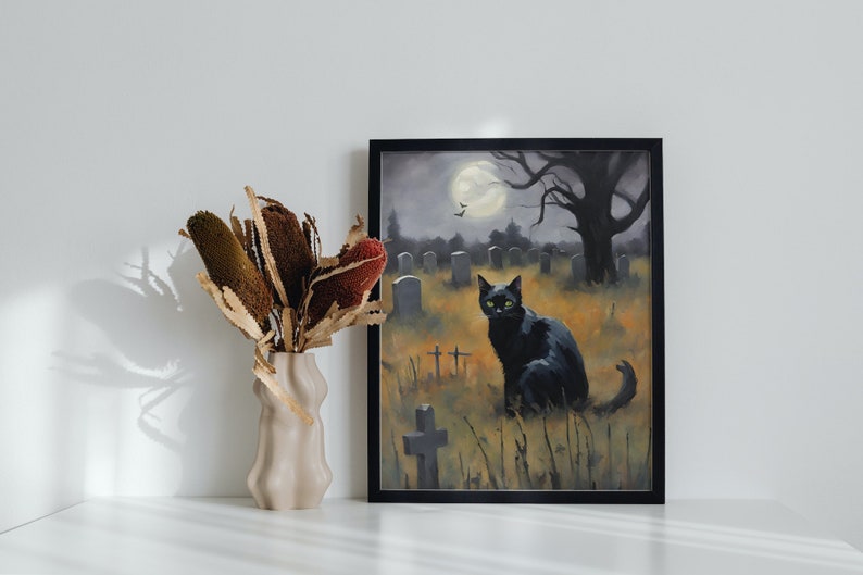 Spooky Black Cat Painting Printable Halloween Art Cat in - Etsy