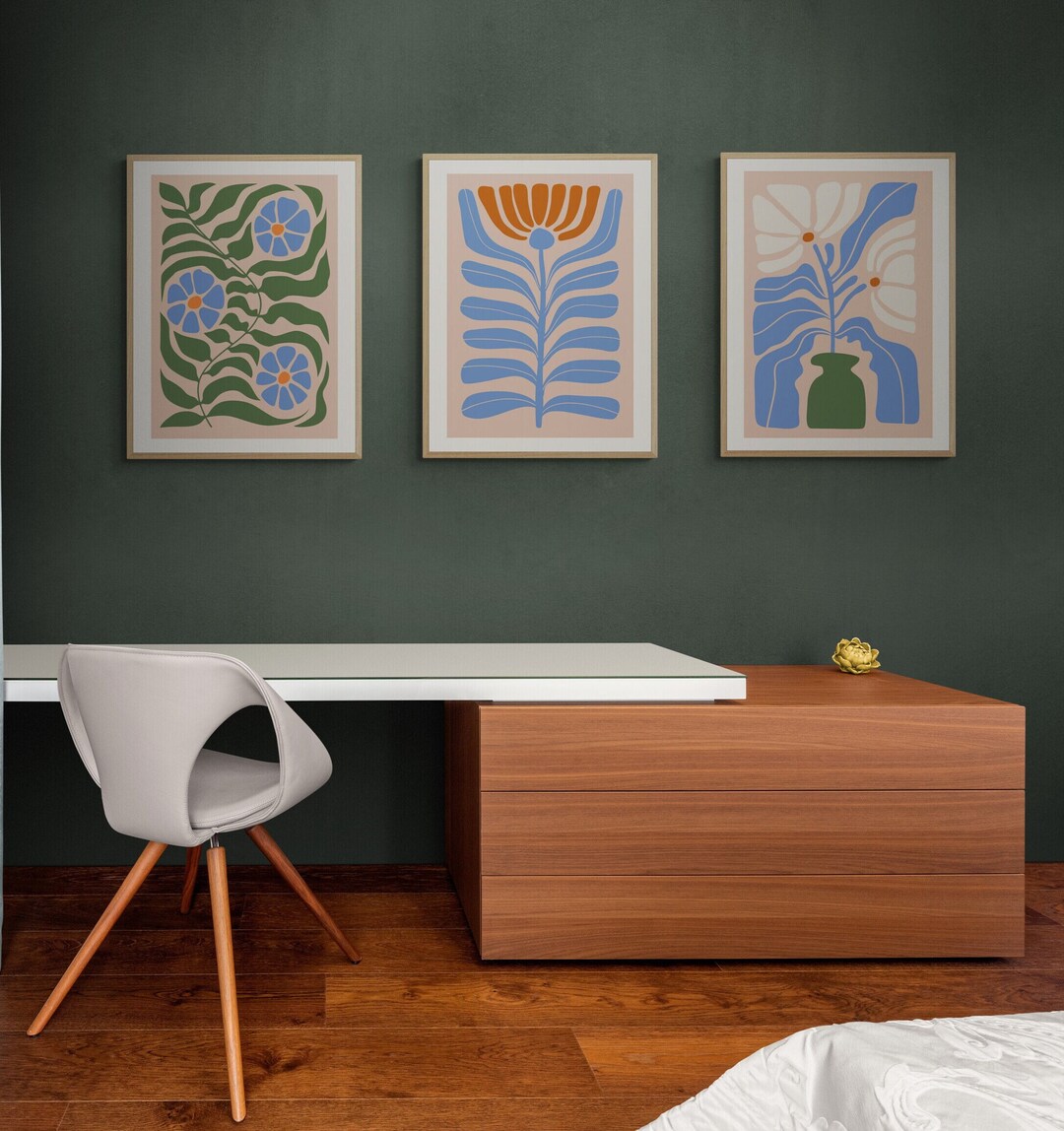 Retro Print Set, Retro Flower Wall Art, Vintage Decor, Blue Green ...