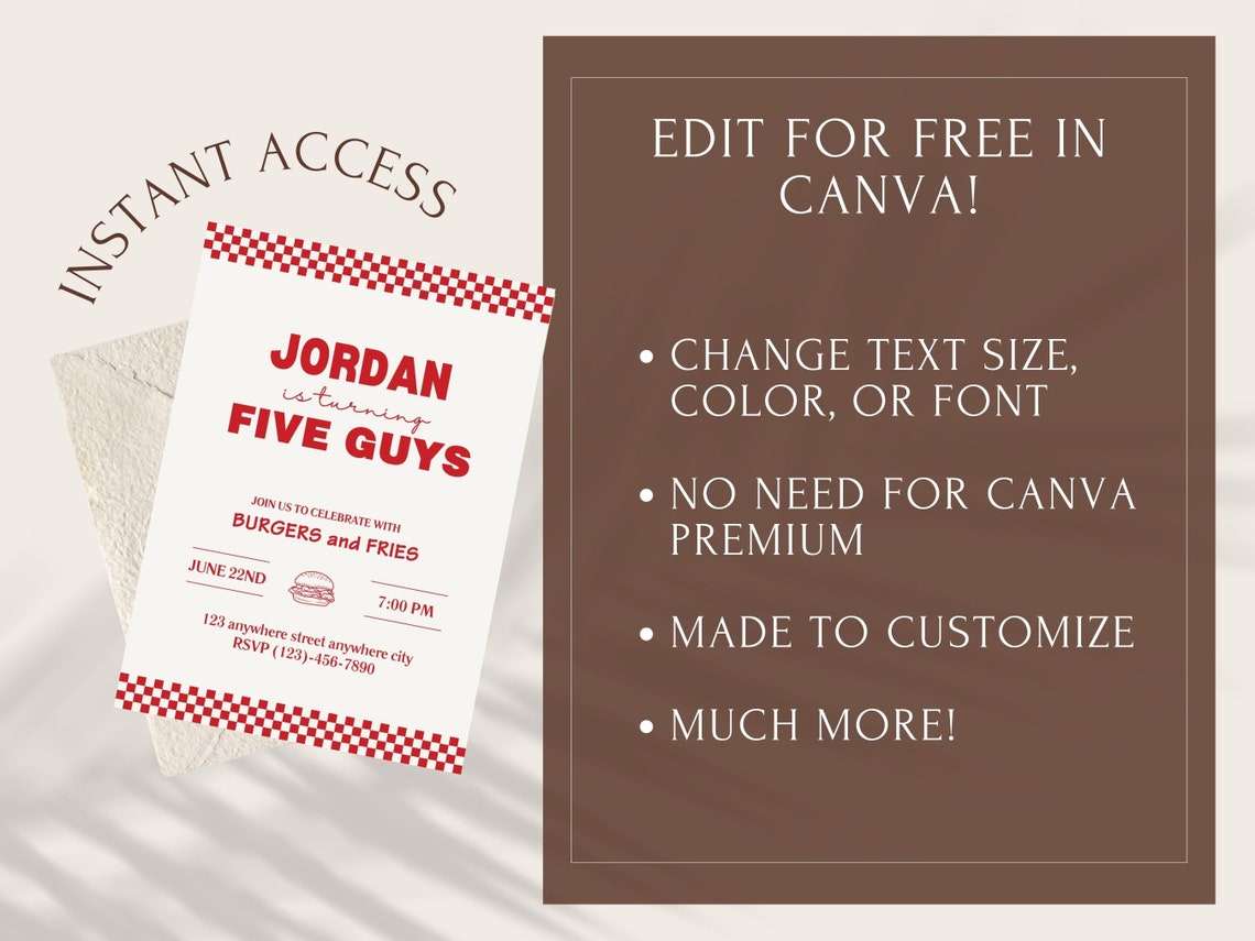 Five Guys Invitation Burgers and Fries Party 5th Birthday Invitation ...