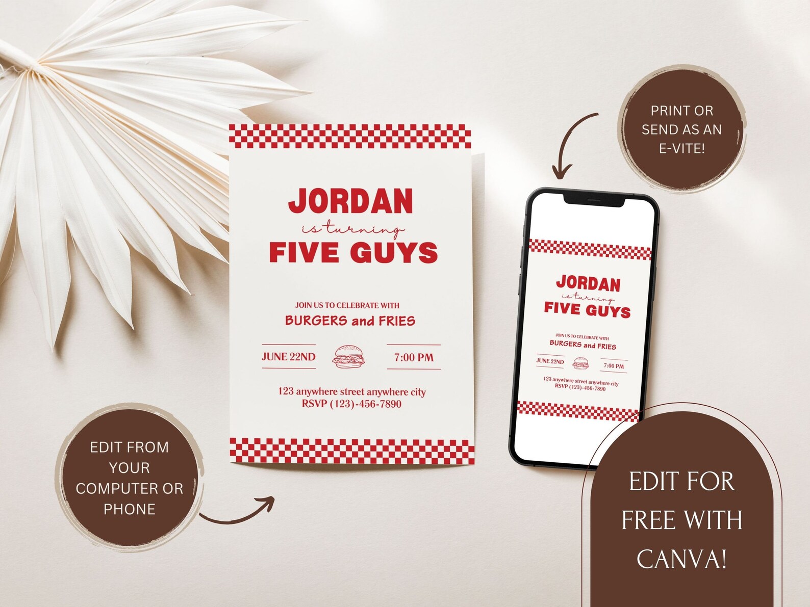 Five Guys Invitation | Burgers and Fries Party | 5th Birthday ...