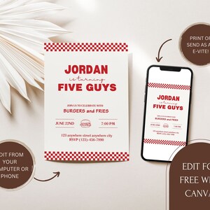 Five Guys Invitation | Burgers and Fries Party | 5th Birthday ...