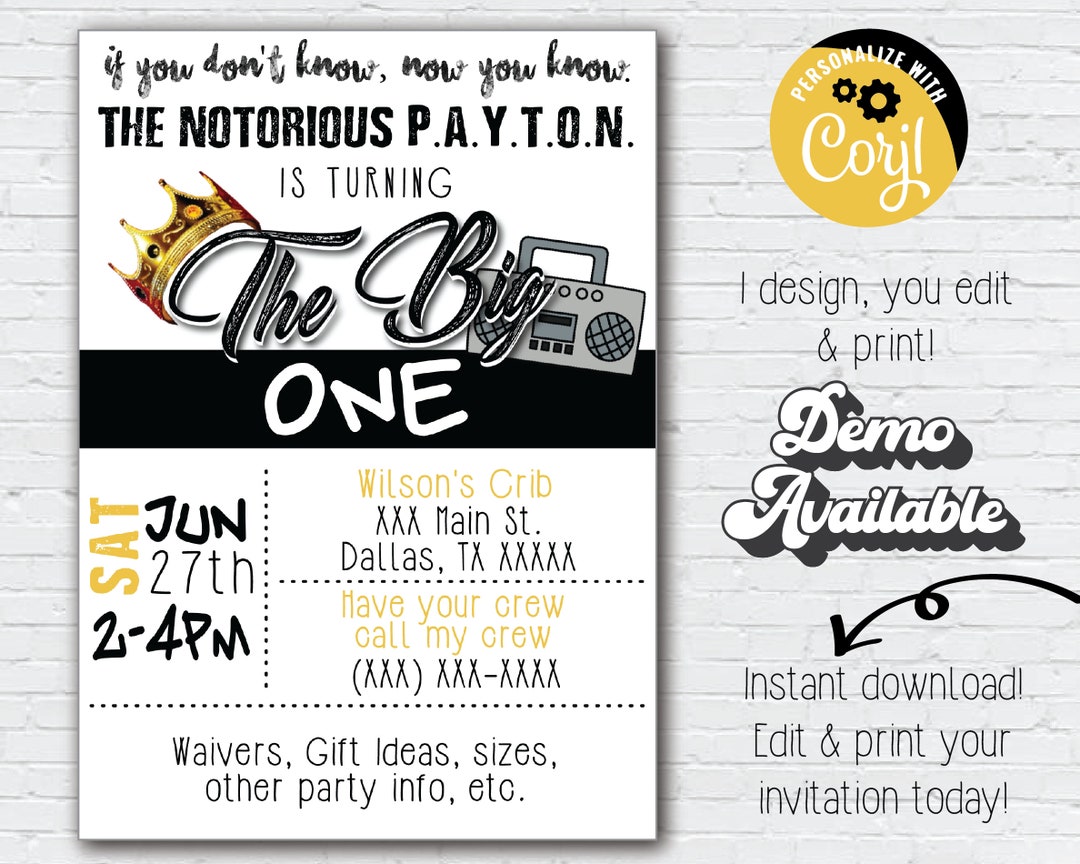 Editable Hip Hop Birthday Invitation, Digital Notorious One Birthday ...
