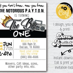 Editable Hip Hop Birthday Invitation, Digital Notorious One Birthday ...