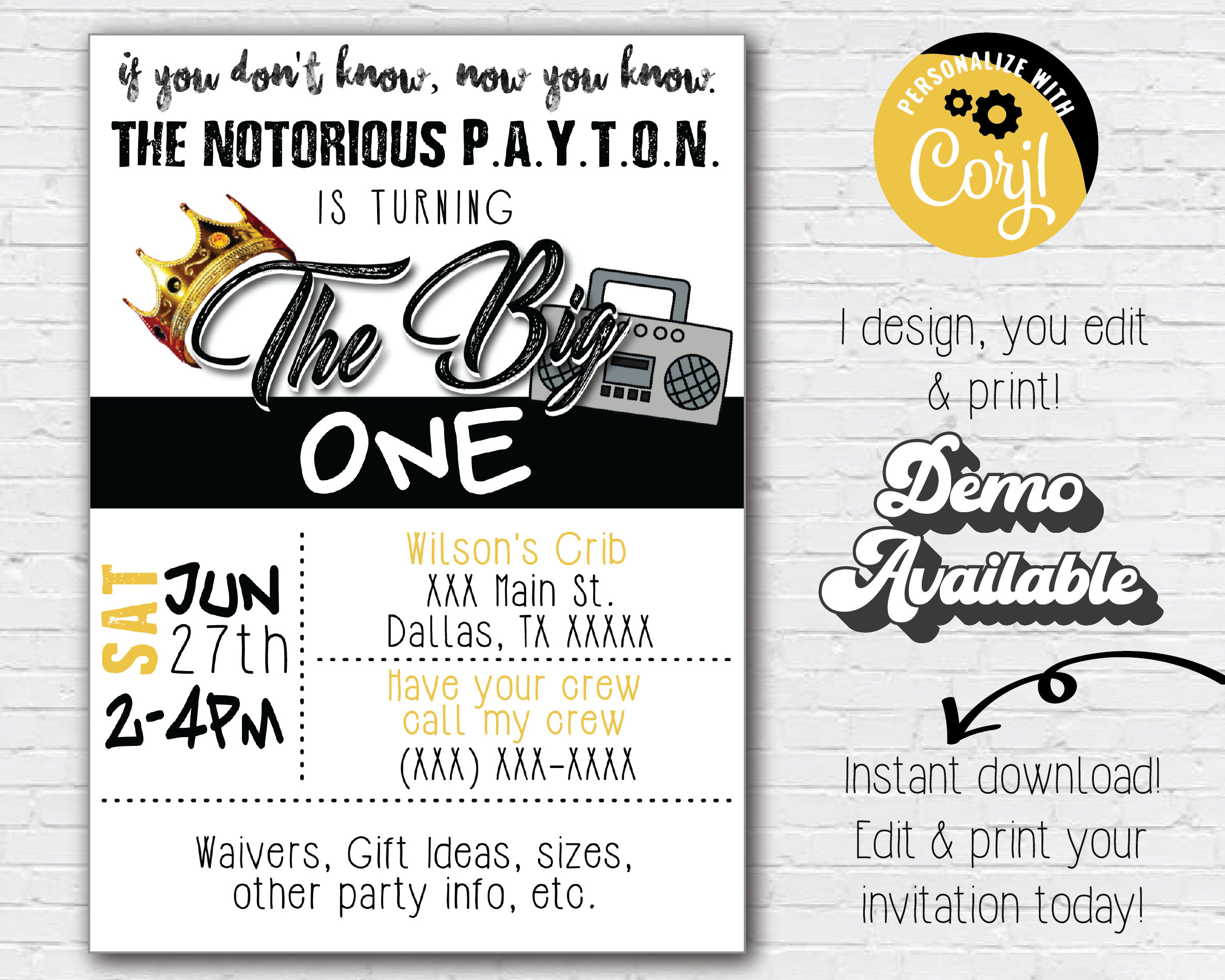 Editable Hip Hop Birthday Invitation, Digital Notorious One Birthday ...