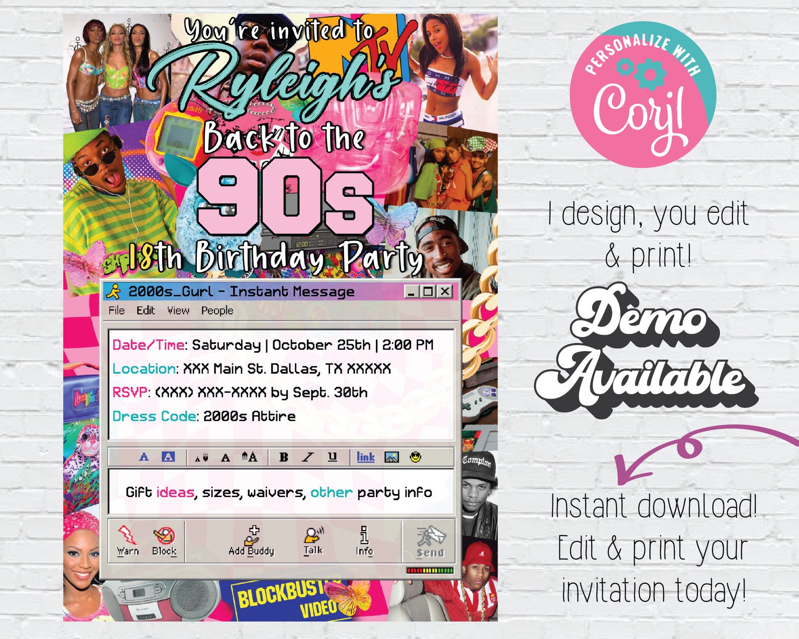 Editable 90s Invitation | Back to the 90s Party | 90s Themed Birthday ...