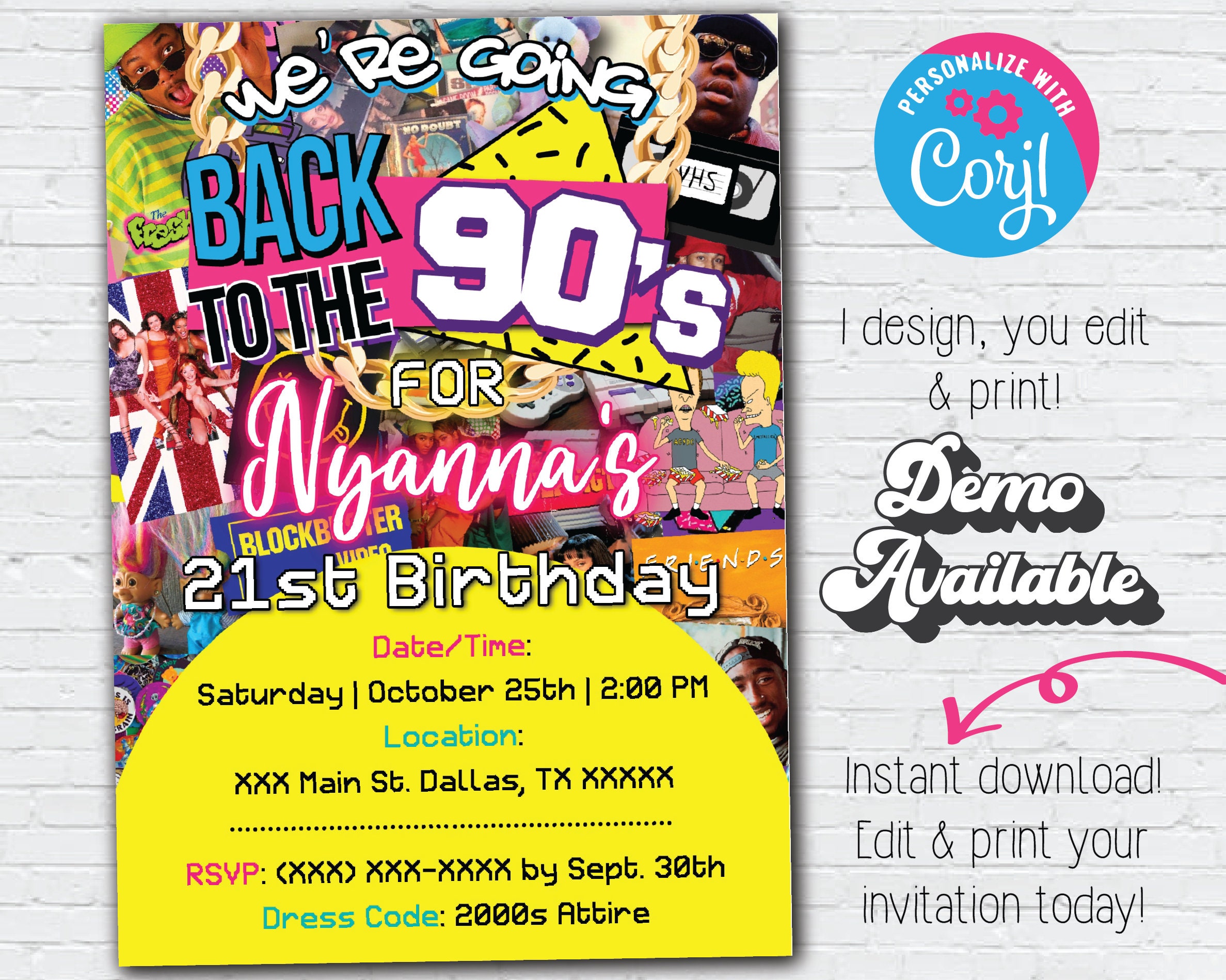 Editable 90s Invitation | Back to the 90s Party | 90s Themed Birthday Party Digital Invitation ...