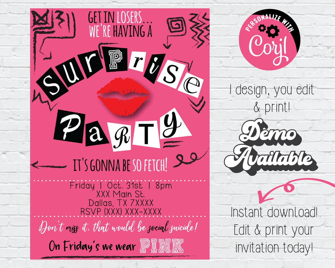 Mean Girls Inspired Digital Invitation Instant Download Surprise ...