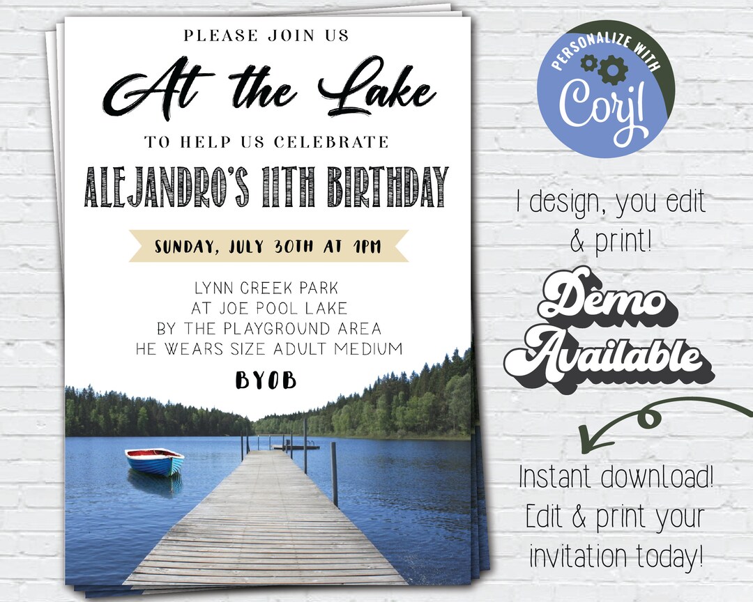 Editable Lake Birthday Invitation, Lake Party Invitation, Instant ...