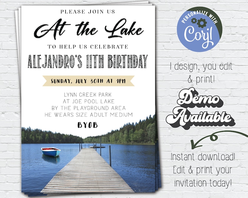 Editable Lake Birthday Invitation, Lake Party Invitation, Instant ...