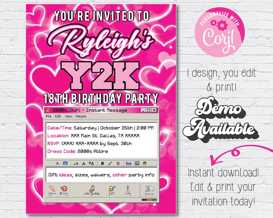 Editable Y2K Invitation | Heart Backdrop Glamour Shots | Back to the ...