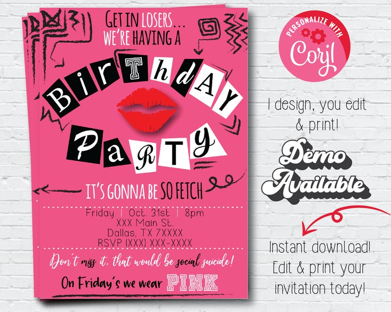 Meangirls Inspired Digital Invitationinstant Download Invitation Birthday Party Invitationgirl