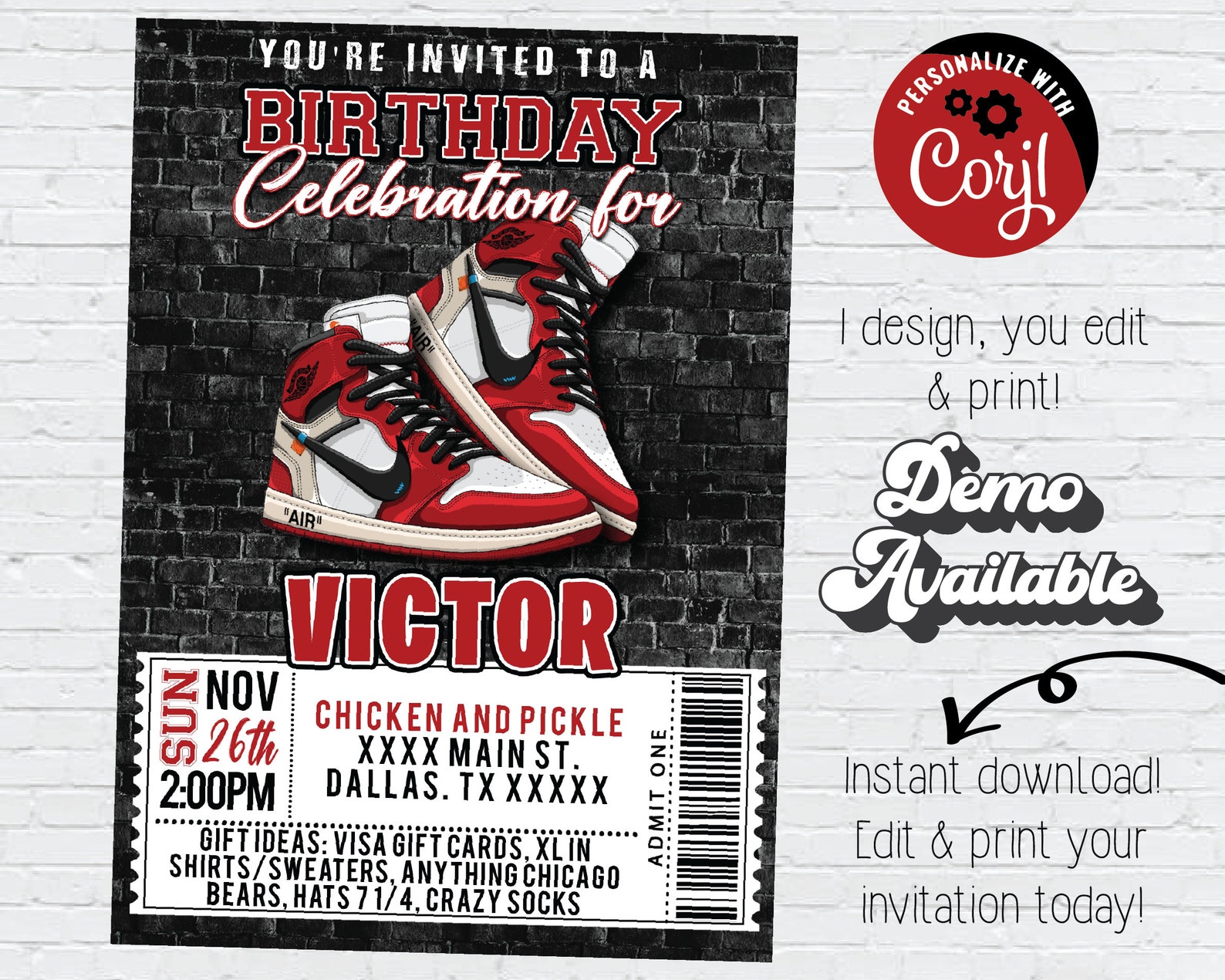 Editable Sneaker Invitation; Jumpman Invitation; Basketball Sneaker ...