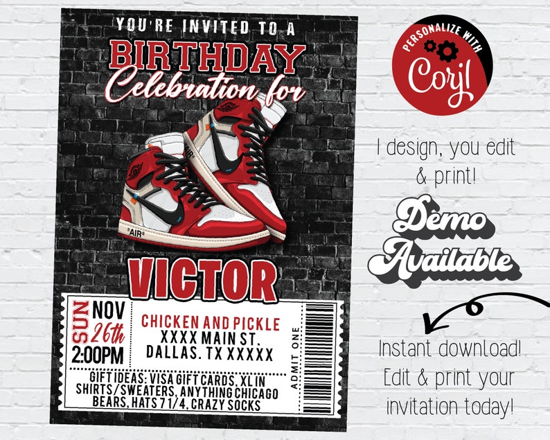 Editable Sneaker Invitation; Jumpman Invitation; Basketball Sneaker ...