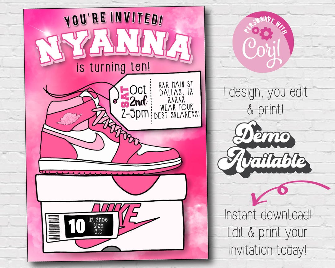 Pink Shoe Digital Invitation | Tennis Shoe Birthday | Sneaker Ball ...