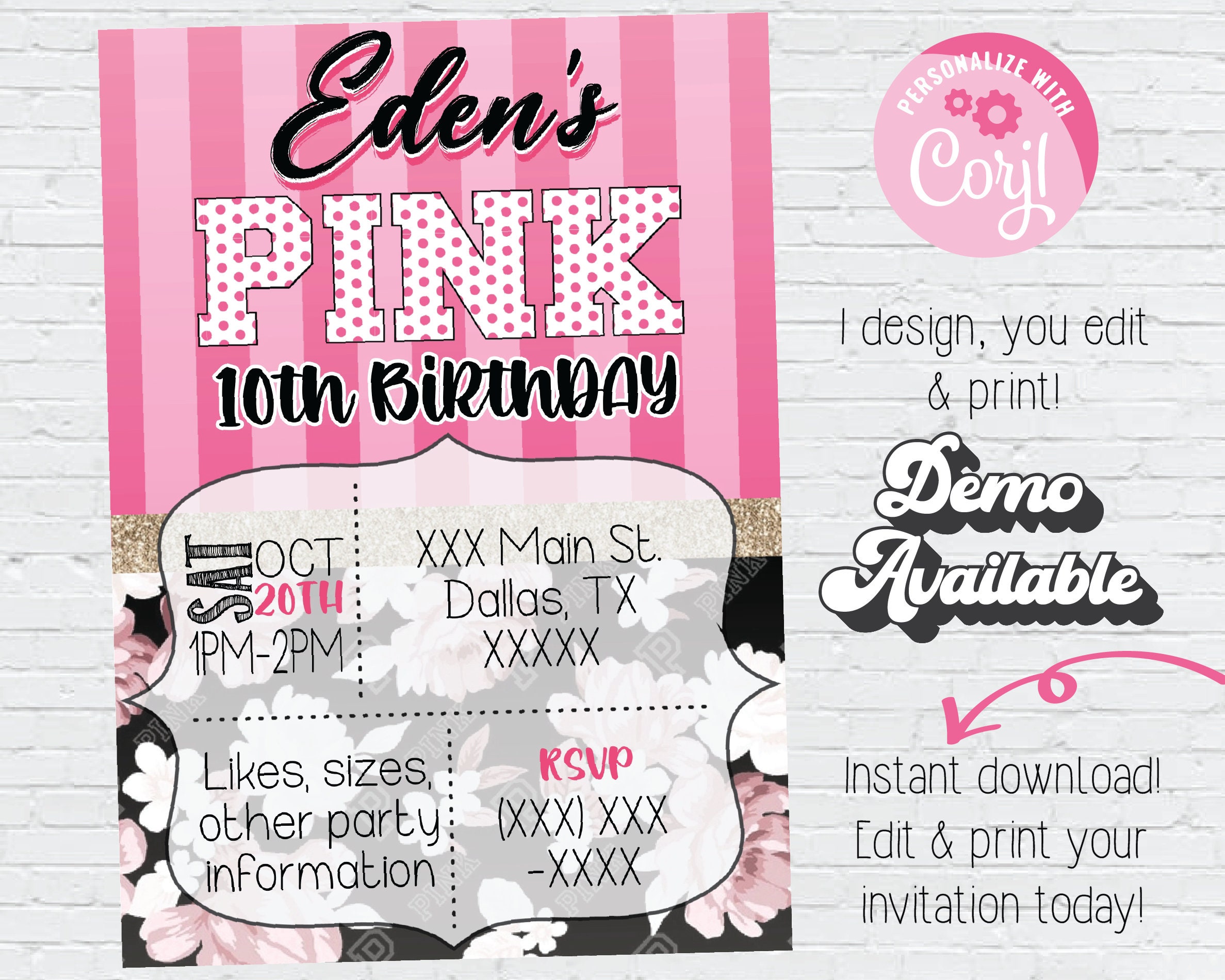 Instant Download Victoria's Secret PINK Invitation | Teen Girl Pink ...