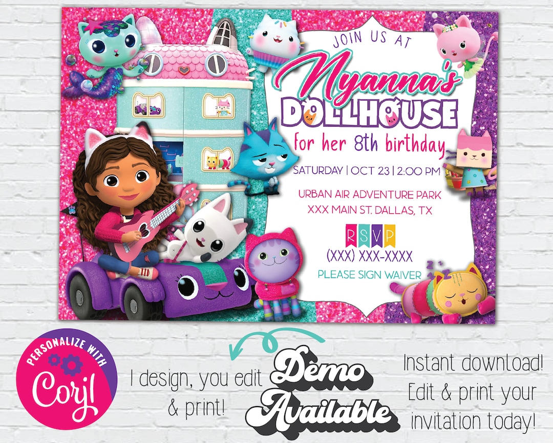 Editable Gabby's Dollhouse Birthday Invitation Template, Printable ...