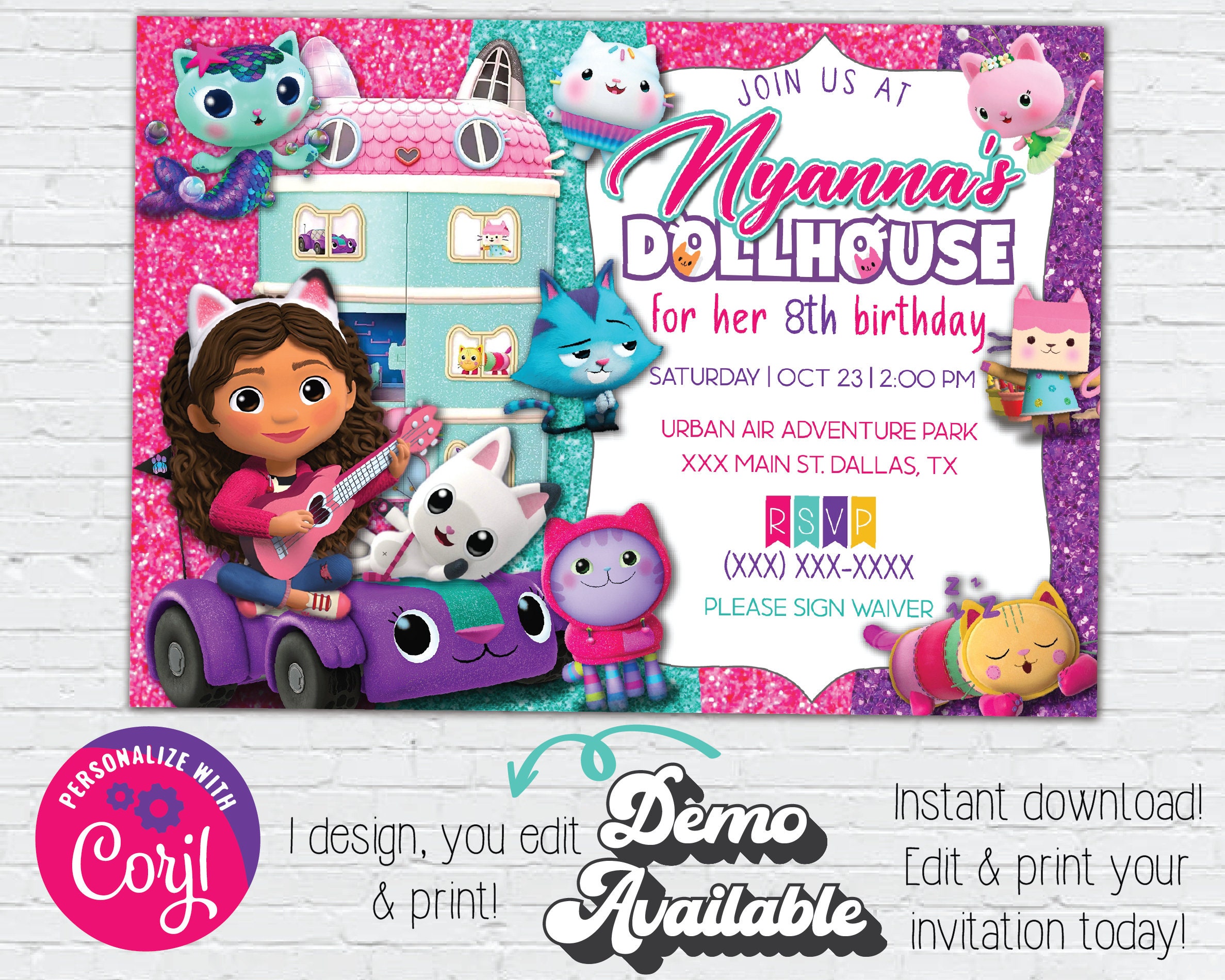 Editable Gabby's Dollhouse Birthday Invitation Template, Printable ...