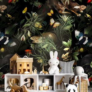 Peel and Stick Vintage Dark Botanical Wallpaper With Rabbits, Mushrooms ...