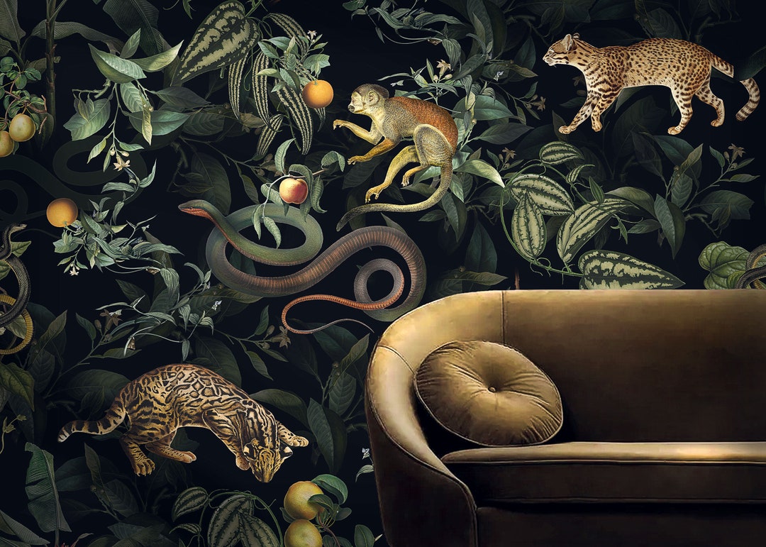 Dark Forest Wallpaper With Monkeys , Wild Cats, Tropical Flowers ...