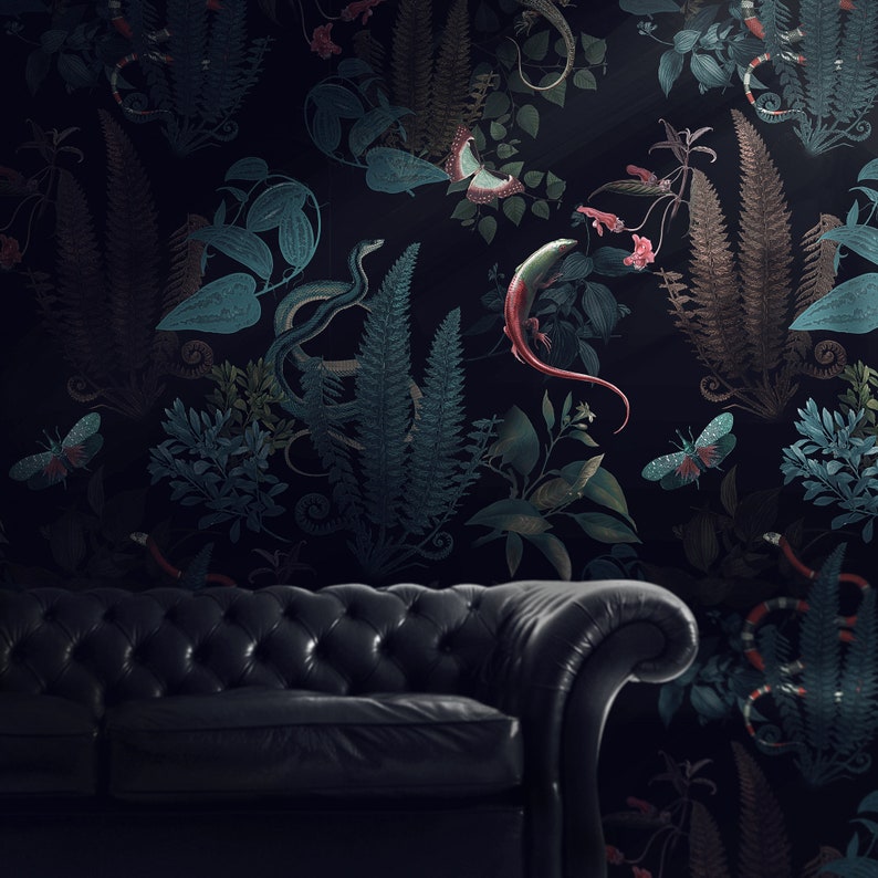 Dark Botanic Wallpaper Forest Print With Tropical Flowers - Etsy