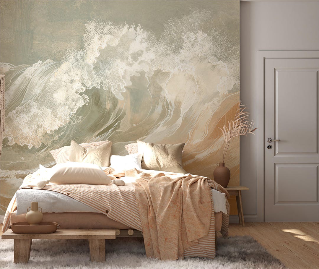 Neutral Ocean Wave Peel and Stick Wallpaper, Japandi Coastal Abstract ...