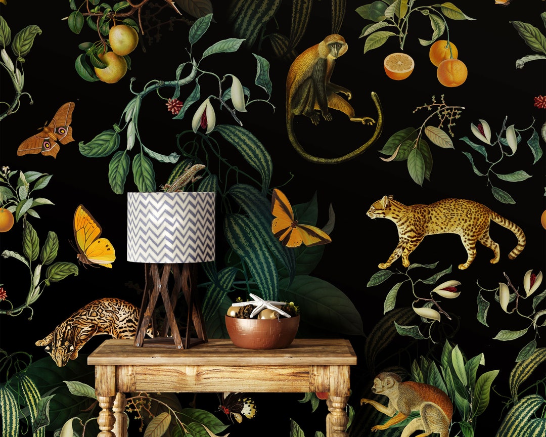 Peel and Stick Dark Botanical Wallpaper With Cheetah, Monkeys, Birds ...